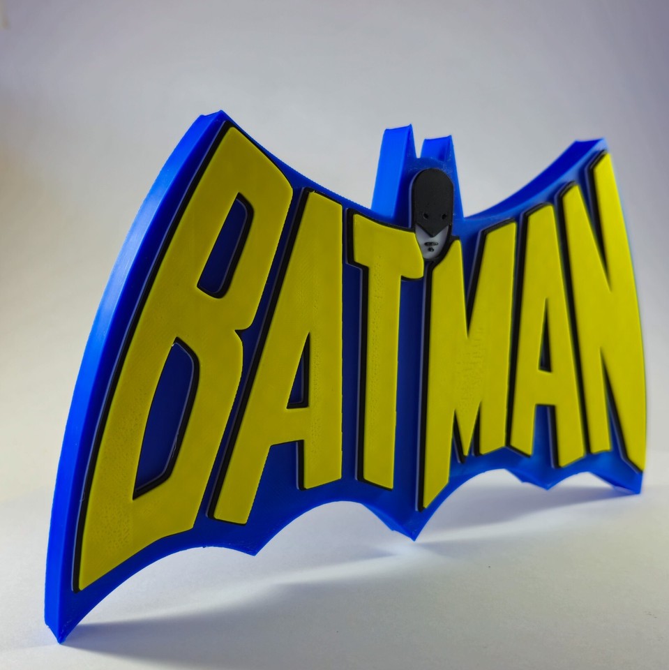 Batman 3D printed Logo Sign in yellow & blue. Shelf Art, comic ...