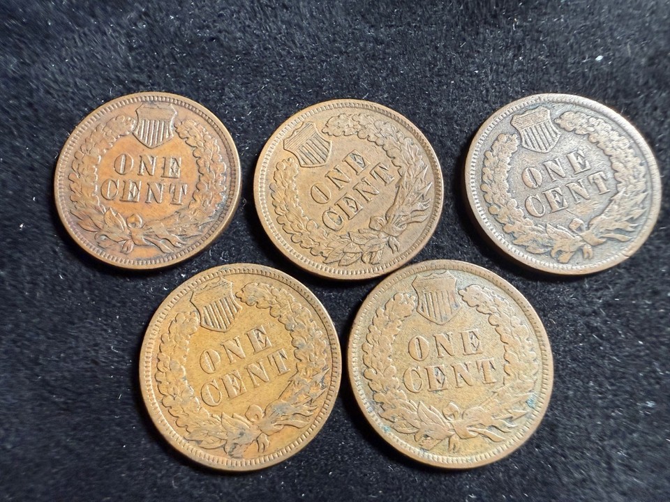 Lot of 5 Estate Coins (3) 1907 + (2) 1908 INDIAN HEAD PENNY 1c F/G ...