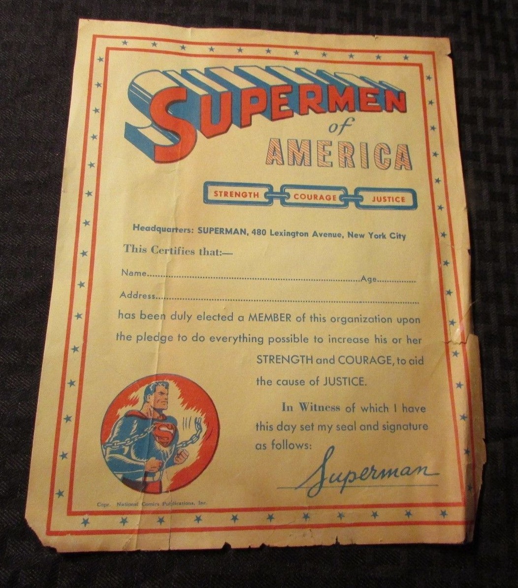 1961 SUPERMEN of America Member Certificate Unused GD+ Superman | eBay