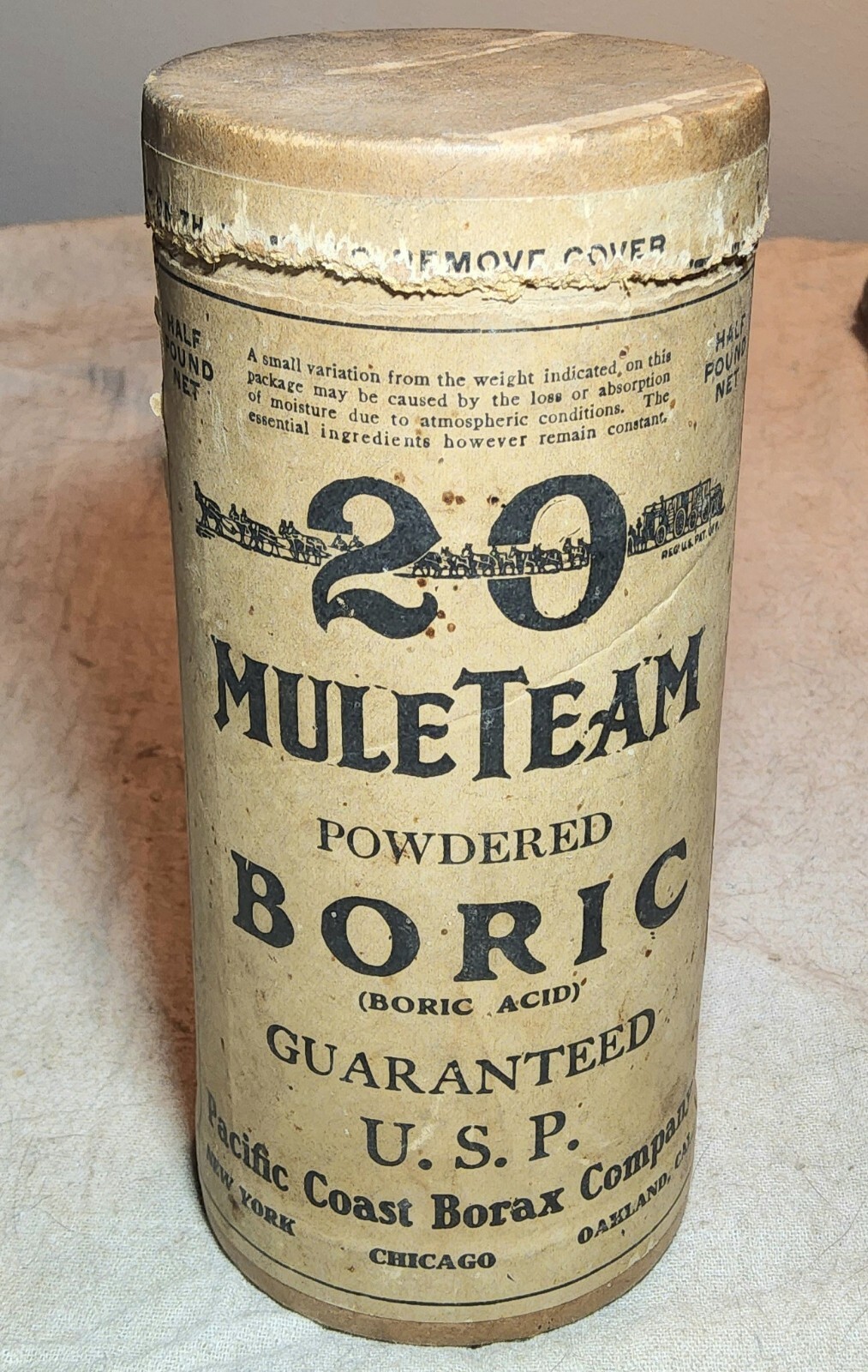 ANTIQUE 20 MULE TEAM POWDERED BORIC PAPER CONTAINER PACIFIC COAST BORAX ...