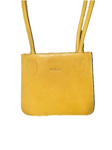 7” VTG FURLA Yellow Small Leather Shoulder Bag Double Long Handles RARE ...