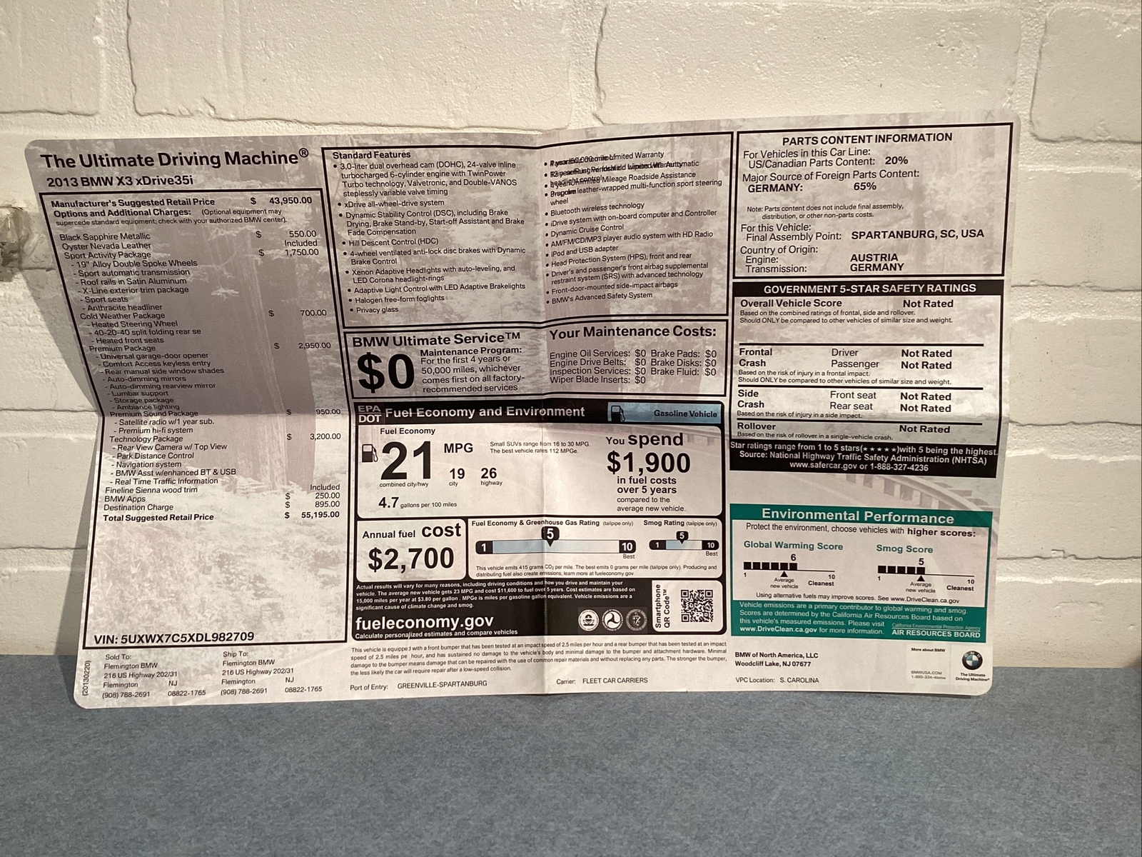 2013 BMW X3 xDrive35i Original Window Monroney Sticker | eBay