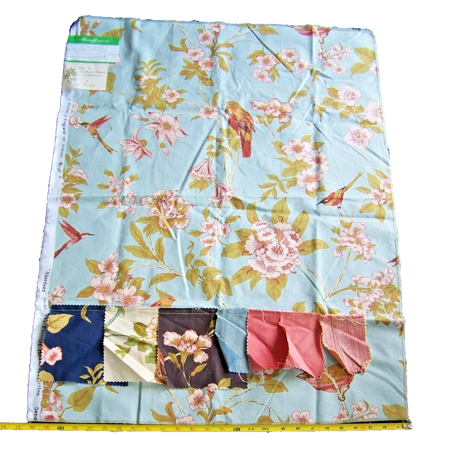 Greeff Fabric Sample Aberdeen Vin Rose/Aqua Bird Printed 26x34 ENG ...
