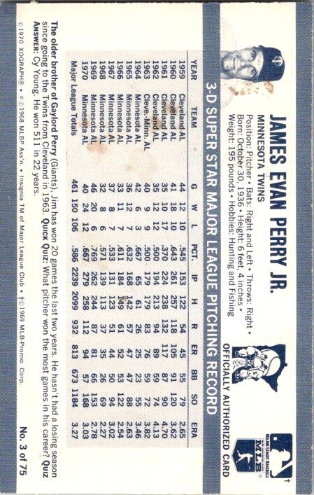 1971 Kellogg's 3D JIM PERRY Minnesota Twins #3 EX Condition | eBay