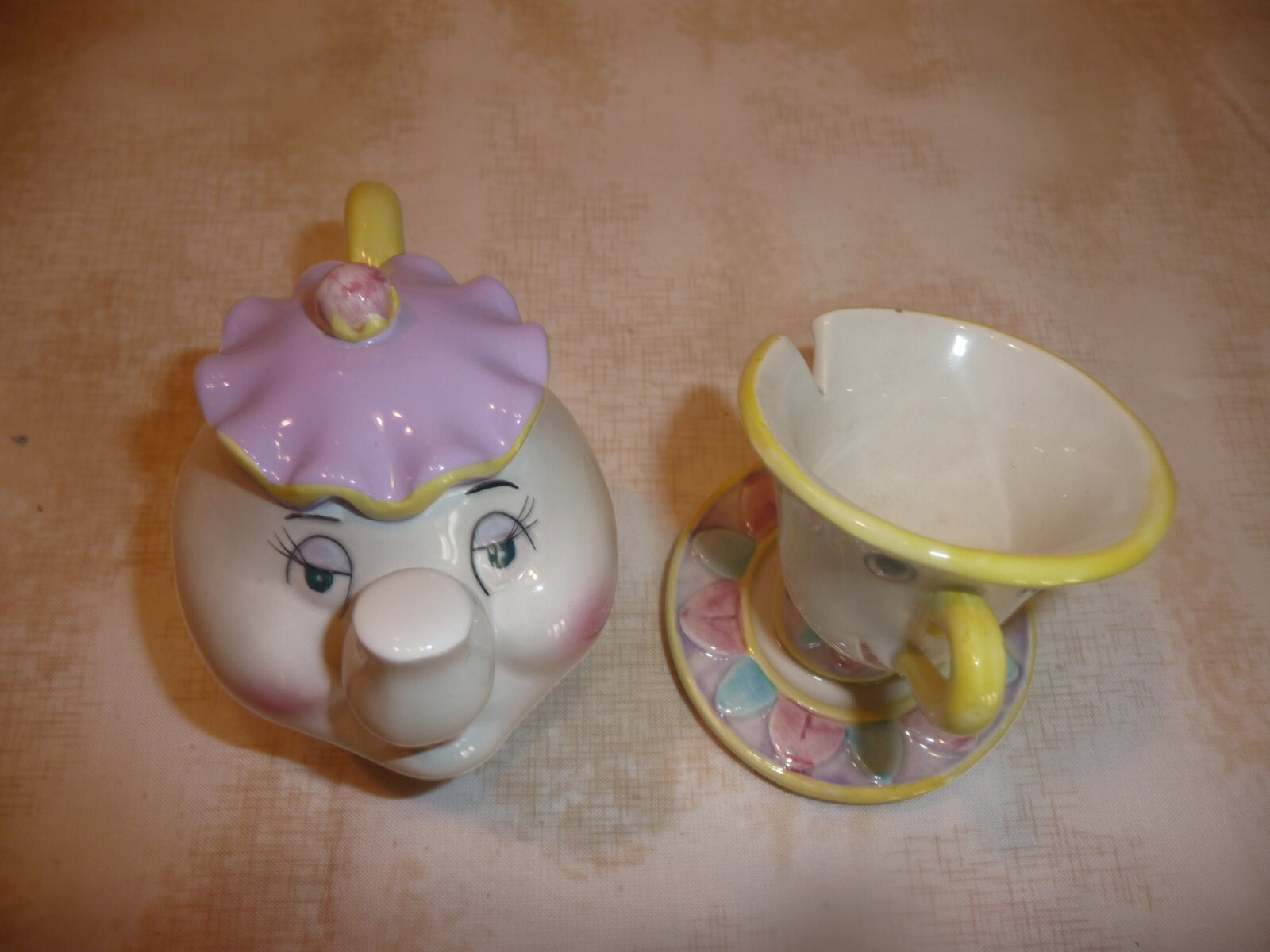 DISNEY MRS POTTS TEA POT and CHIP TEA CUP ON SAUCER - MINATURE - 2 ...
