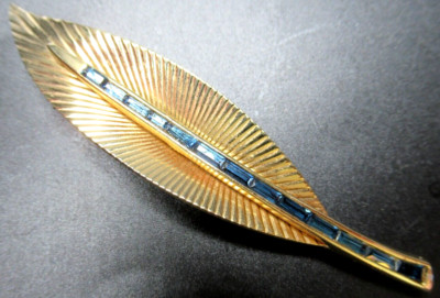 BOUCHER Blue Baguette Rhinestone Golden Leaf Vintage Pin Brooch | eBay