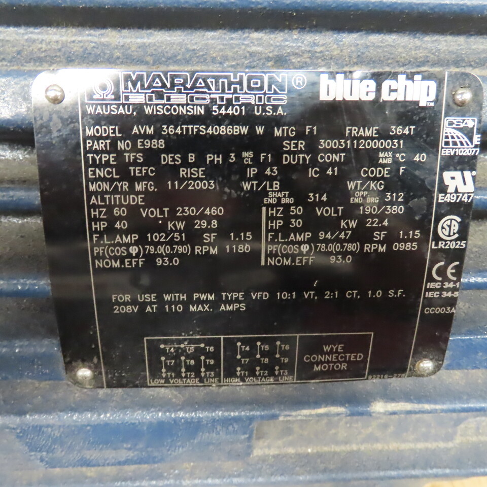 Marathon E988 Blue Chip 40HP AC Electric Motor 1180RPM 230/460V 3PH ...
