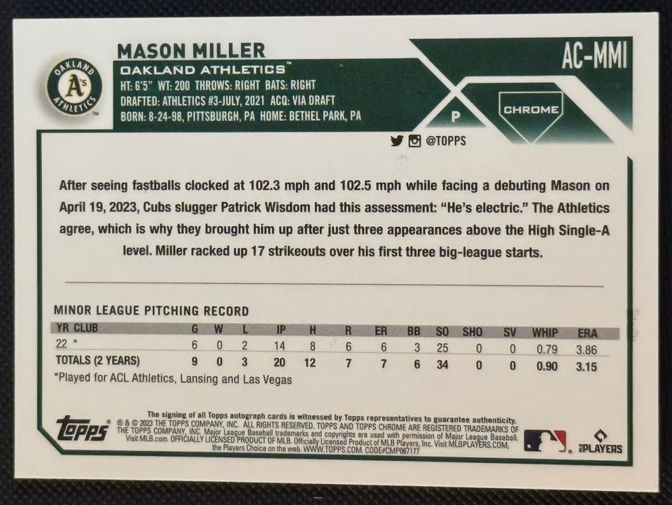 2023 Topps Chrome Update Baseball Mason Miller Auto #AC-MMI RC ...