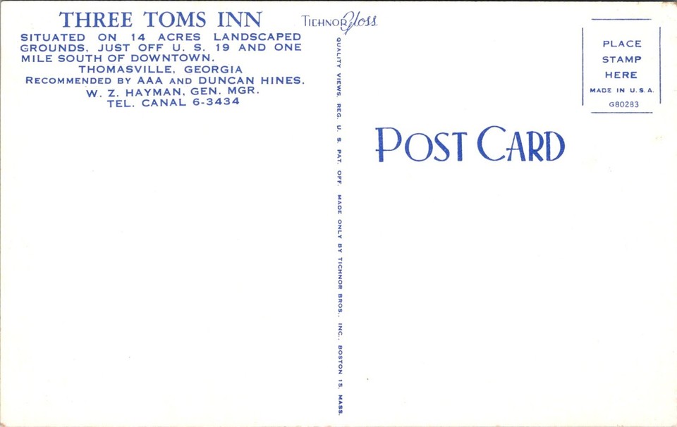 Three Toms Inn Thomasville Georgia Postcard | eBay