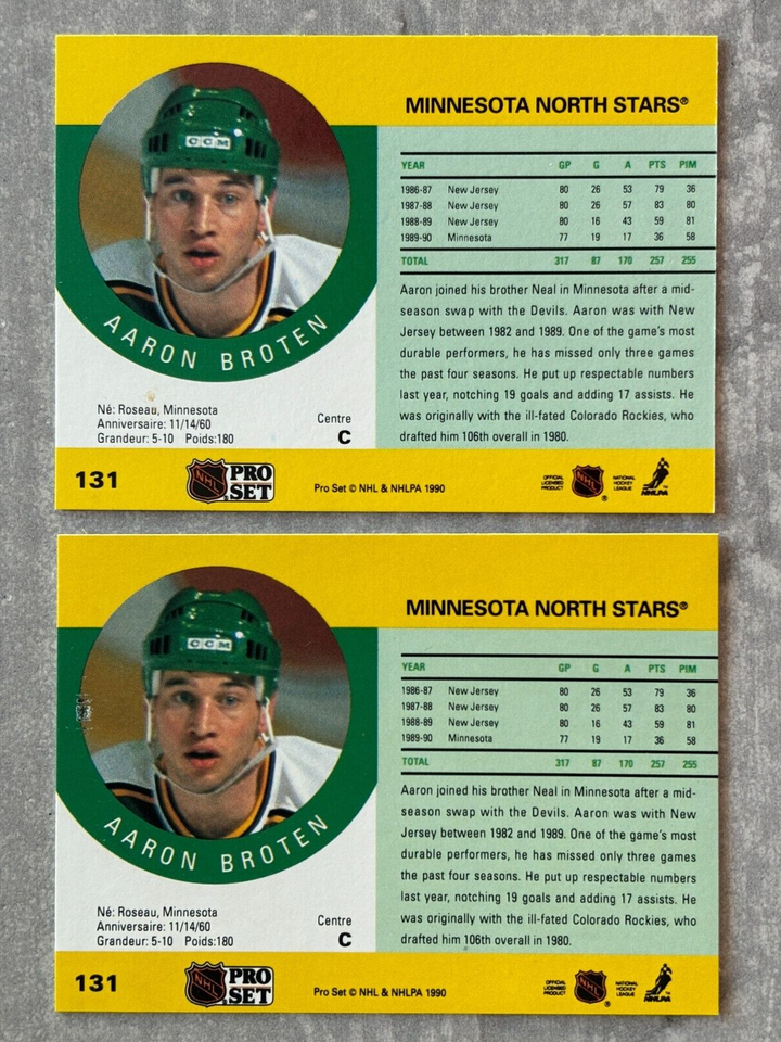1990 Pro Set AARON BROTEN Rare "Stanley Cup" Error & Corrected Hockey ...
