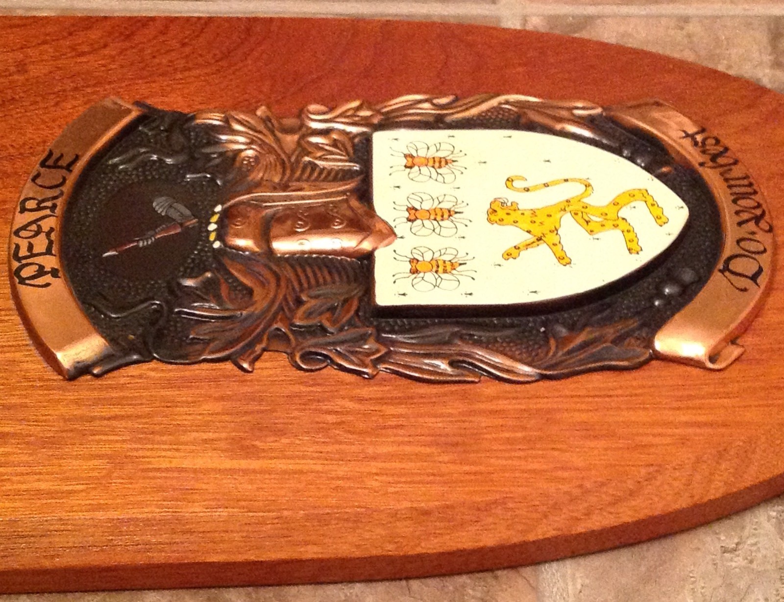 PEARCE FAMILY COAT OF ARMS HERALDIC CREST WOOD COPPER HAND PAINTED ...