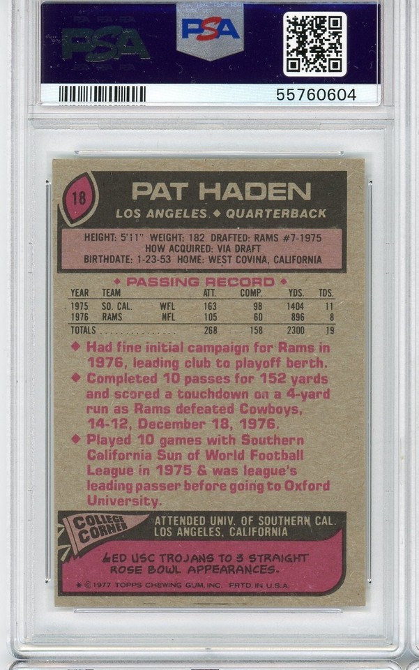 1977 TOPPS #18 PAT HADEN - Rookie RC RAMS - PSA 7 | eBay