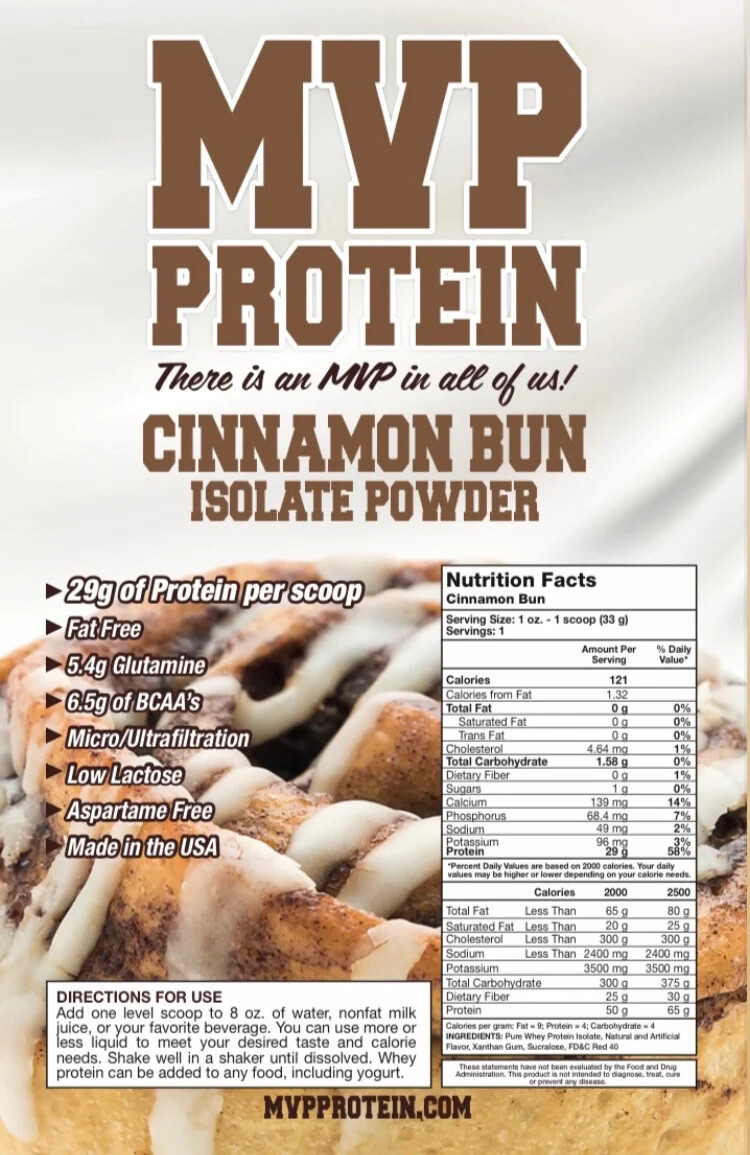 "MVP PROTEIN" "CINNAMON BUN" WHEY ISOLATE PROTEIN POWDER- 5 Lbs. (69 ...