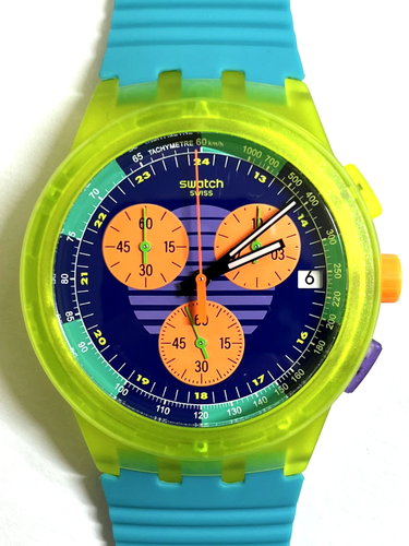 SWATCH NEON WAVE SUSJ404 Wristwatch Oversize Retro Watch Blue Yellow ...
