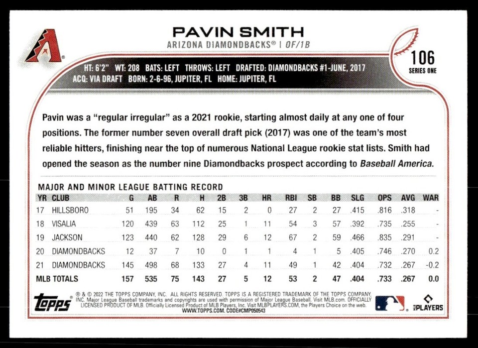 2022 Topps Baseball Card Pavin Smith Arizona Diamondbacks #106 | eBay