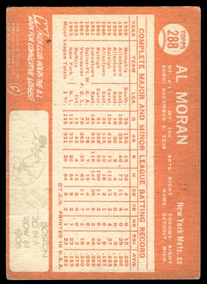 1964 Topps Al Moran Y New York Mets #288 | eBay