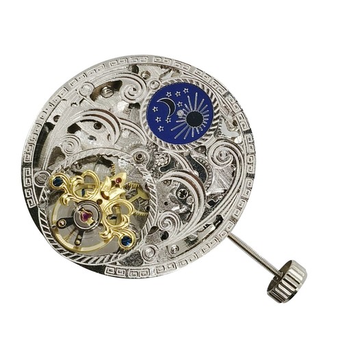 3-Hand Flywheel @ 6 Moon Phase @ 12 Skeleton Mechanical Automatic Watch ...