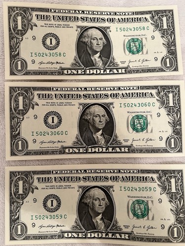 3 Consecutive $1 Bills 2021 Series Crisp Notes Serial Numbers 3058 ...
