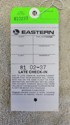 Eastern Airlines Late Check in RUSH bag tag - new and unused | eBay