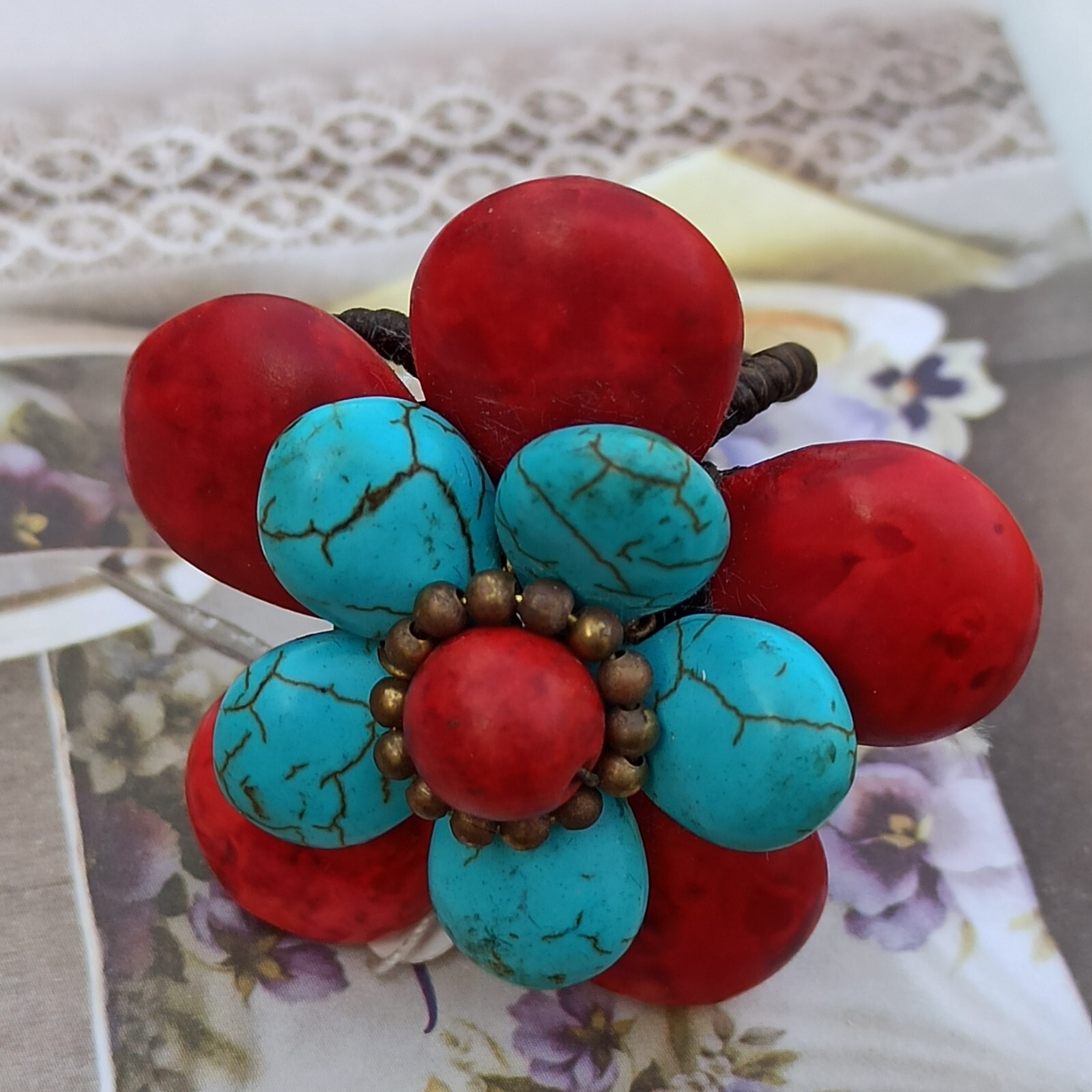 Massive Chunky Ring 3d Flower Cluster Turquoise & Red Gemstone Natural ...