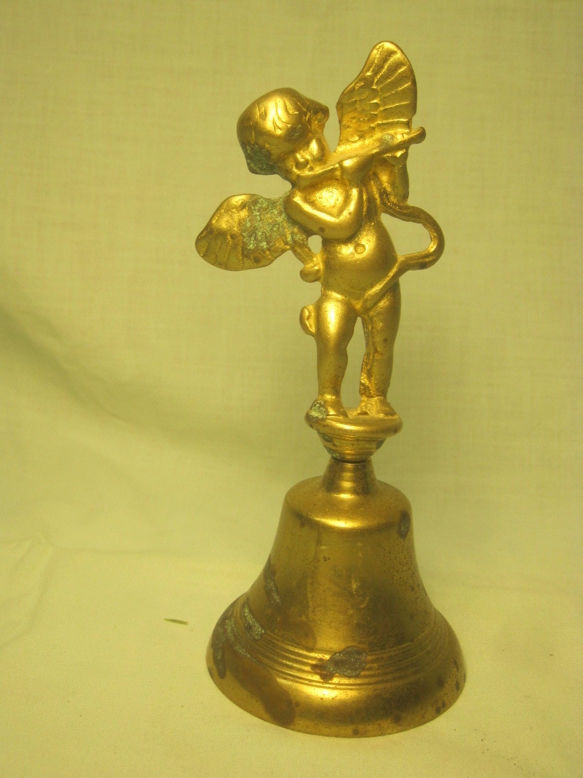 vintage solid brass angle figural cherub bell ring ding 5 3/4" dinger ...