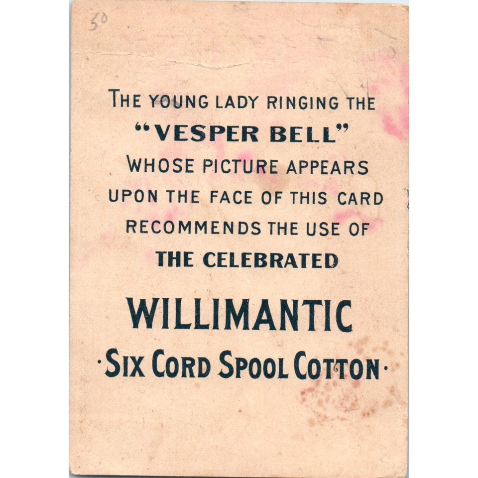 1880s Victorian Trade Card Willimantic Cotton Young Lady Rings Vesper Bell SE8 | eBay