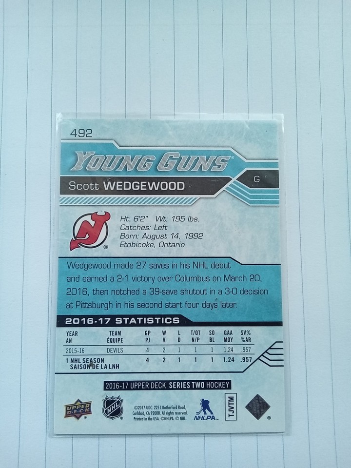2016-17 UD Young Guns #492 Scott Wedgewood Rookie RC Colorado Avalanche ...