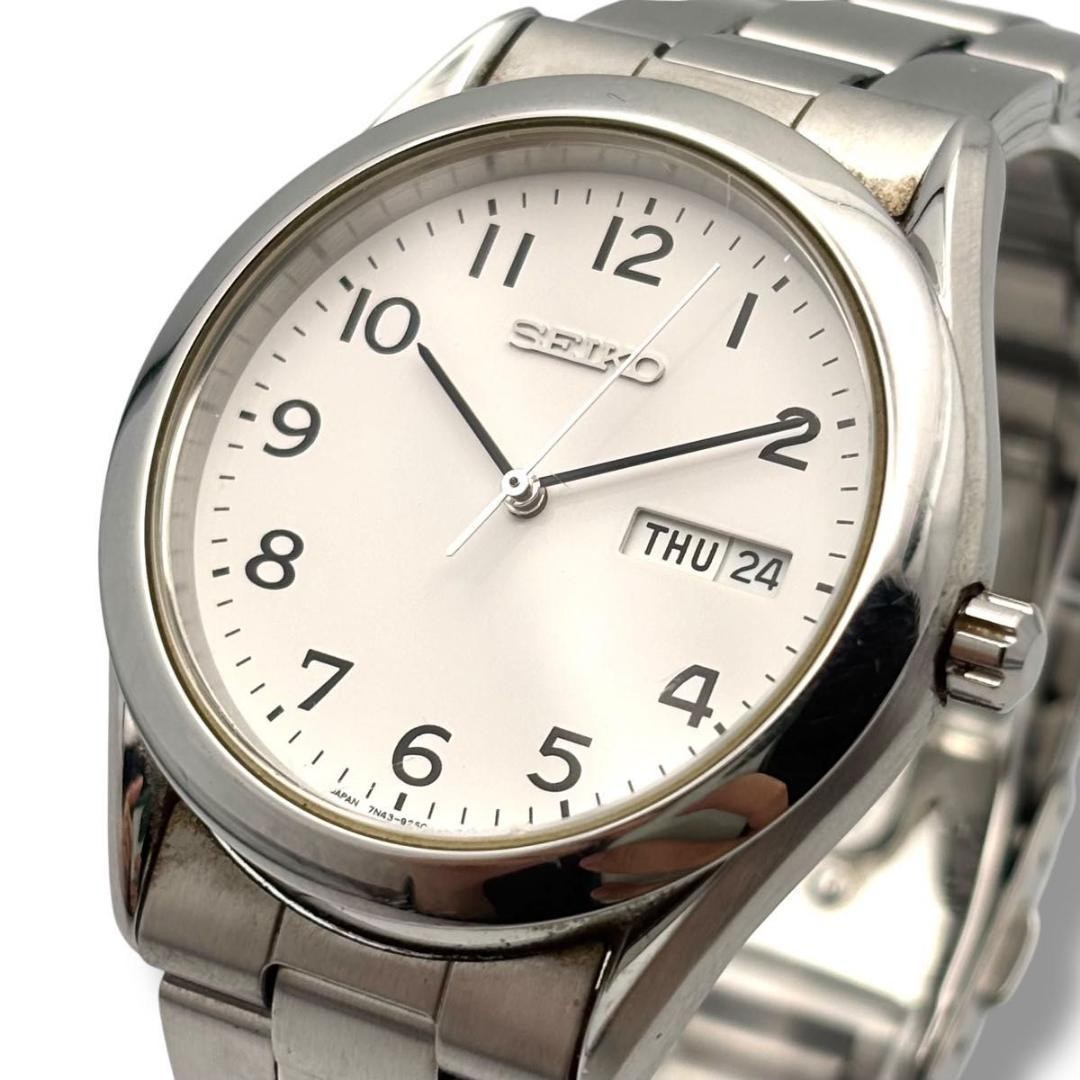 Working Seiko Men s Wristwatch Quartz White Dial Day … - Gem