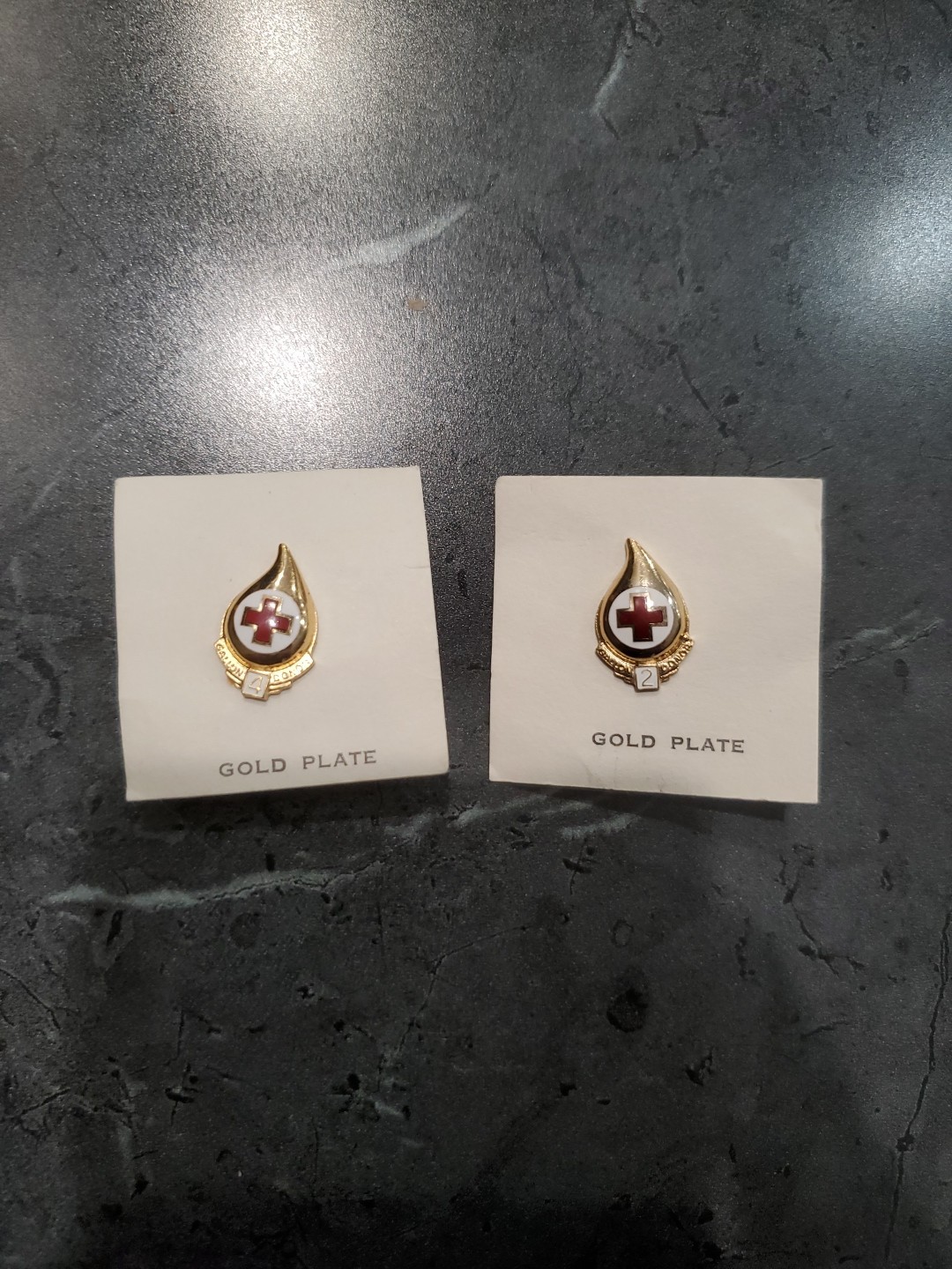 2 Vintage American Red Cross Gallon Blood Donor Gold Plate Enamel Pins ...