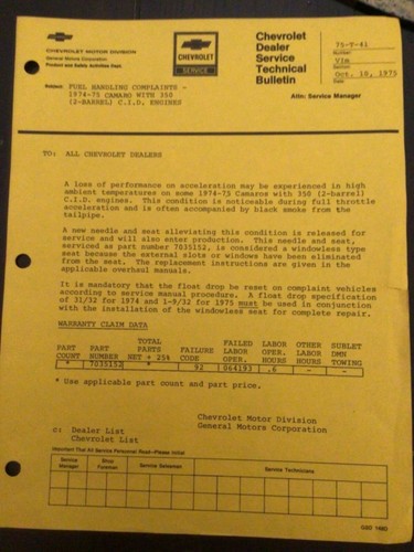 74 75 Camaro 350 C.I.D Engines Chevrolet Central Office Service ...