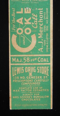 1930s ADVANCE MATCH Lewis Drug Store A. J. Merchant Coal Coke 1893 ...