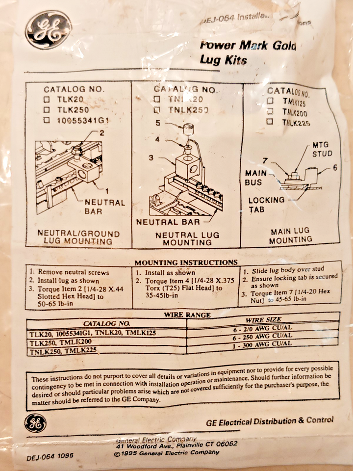 GE TLK250 NUETRAL/GROUND LOAD CENTER LUG KIT #6-250MCM CuAl | eBay
