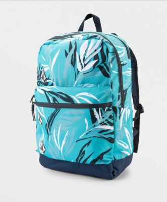 New VOLCOM 18.5" SCHOOL BACKPACK Laptop Bag FLORAL LEAF Blue TROPICAL ...