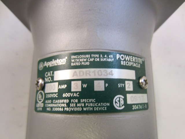 Appleton ADR1034 Powertite Grounding Style 2 Polarized Receptacle, 100A ...