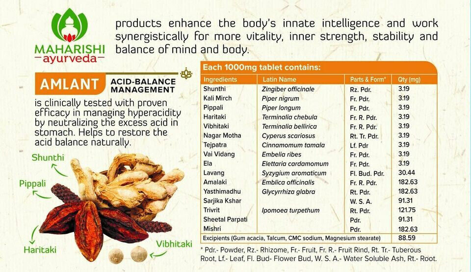 Maharishi Ayurveda Amlant 60 Tabs Ayurvedic Herbal Product for acidity ...