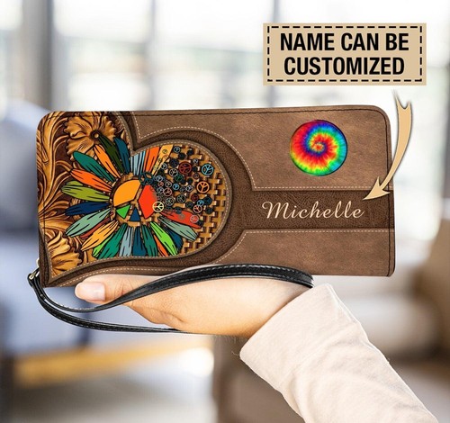 Personalized Hippie Peace Flowers Leather Clutch Purse, Hippie Soul ...