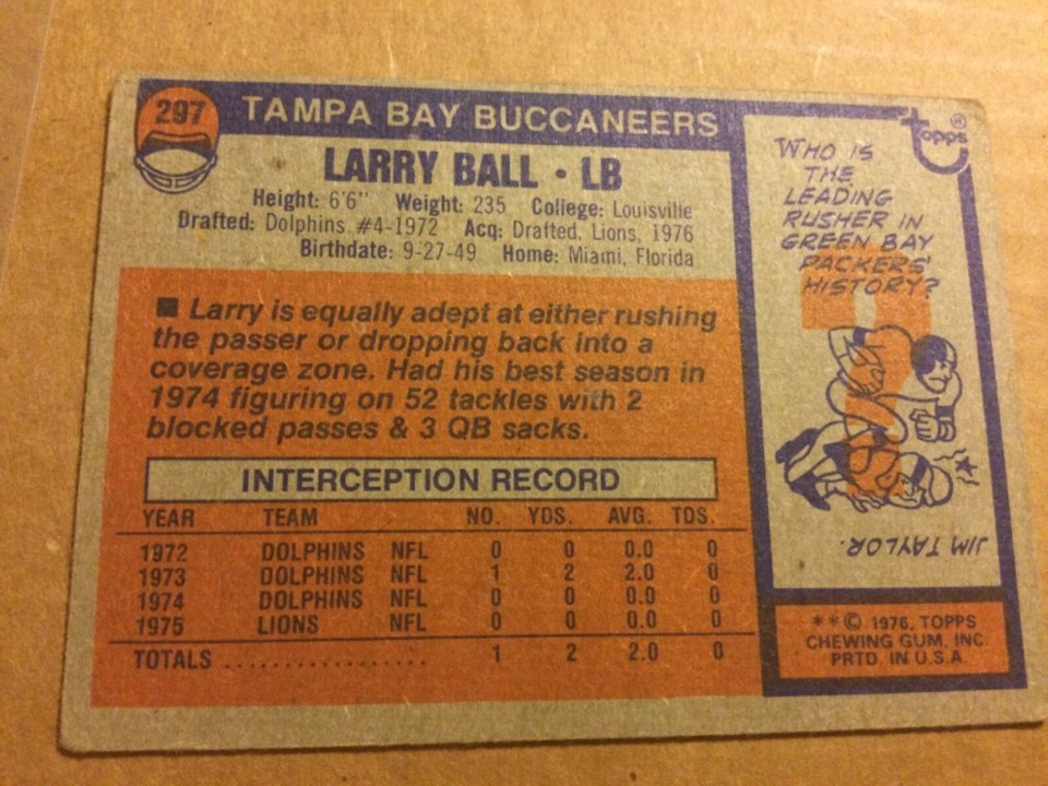 1976 Topps Football Card #297 Larry Ball RC - NM | eBay