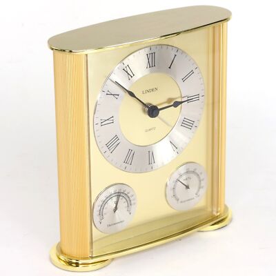 Linden Desk Clock - Brass/Metal w/Hygrometer/Thermometer & Alarm - New ...