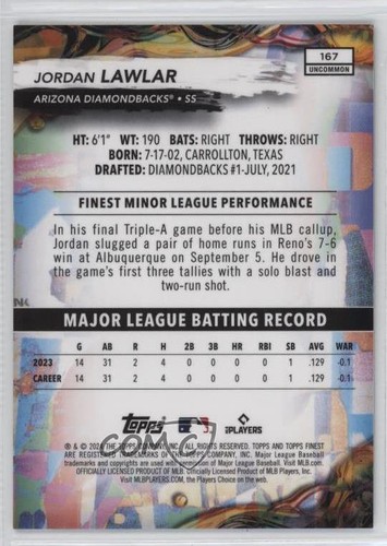 2024 Topps Finest Uncommon Black Refractor /15 Jordan Lawlar #167 ...