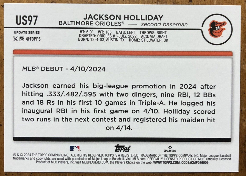 Jackson Holliday 2024 Topps Update RC Rookie Debut #US97 - Baltimore ...