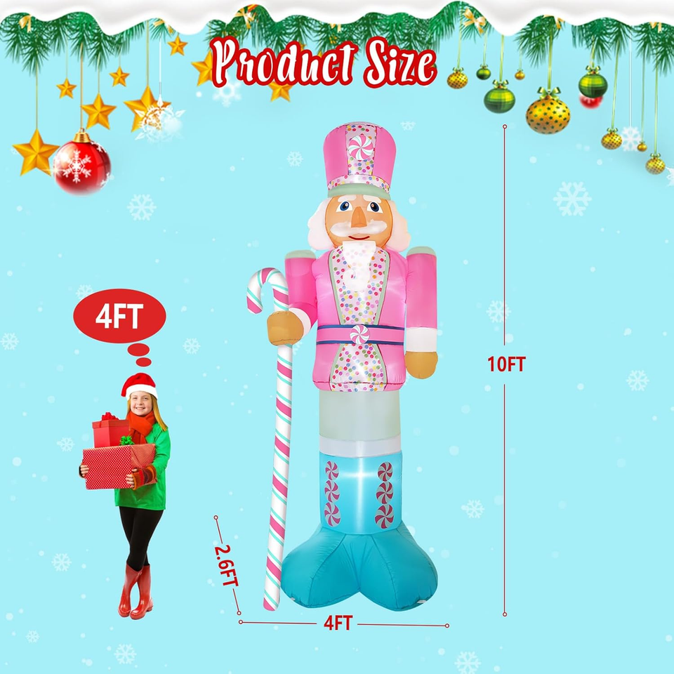 10FT Christmas Inflatables Pink Nutcracker Hold Candy Cane, Christmas ...