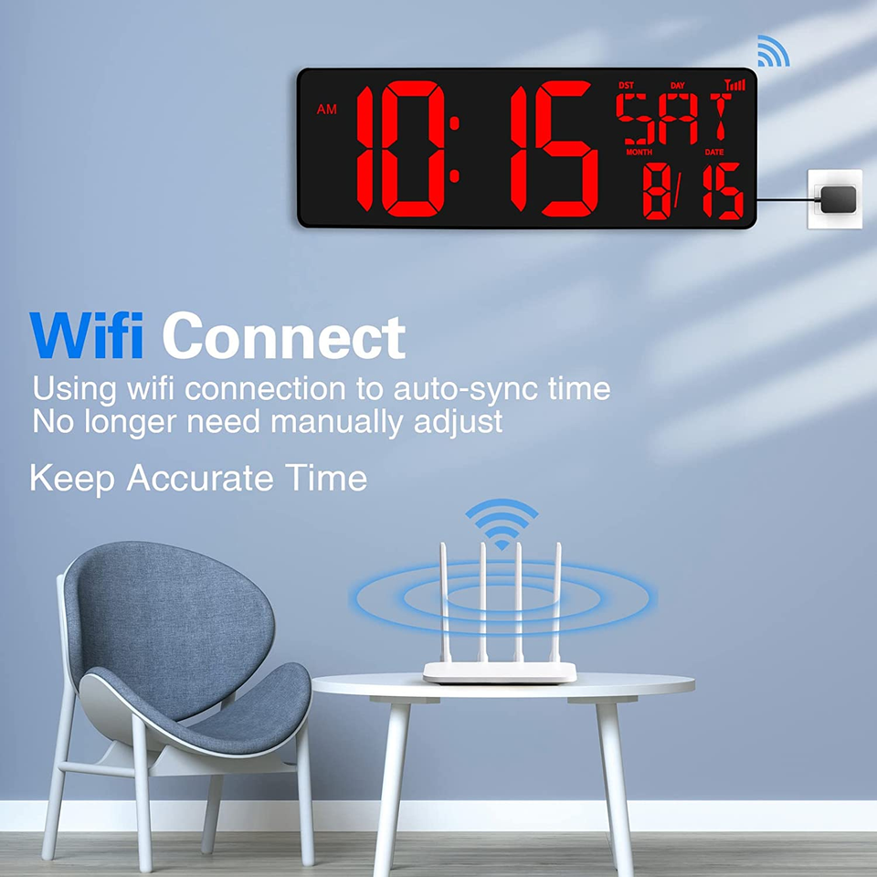 XREXS Large Digital Wall Clock Wifi Sync, 16.5 in Large Display Wall ...