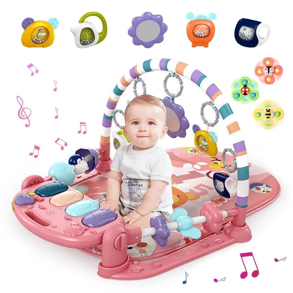 Baby Gym Play Mat, Baby Piano Mat Kick and Play Lights and Music Tummy ...