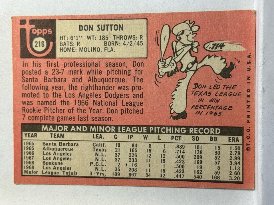 1969 Topps #216 Don Sutton HOF Dodgers Vintage MLB Card | eBay