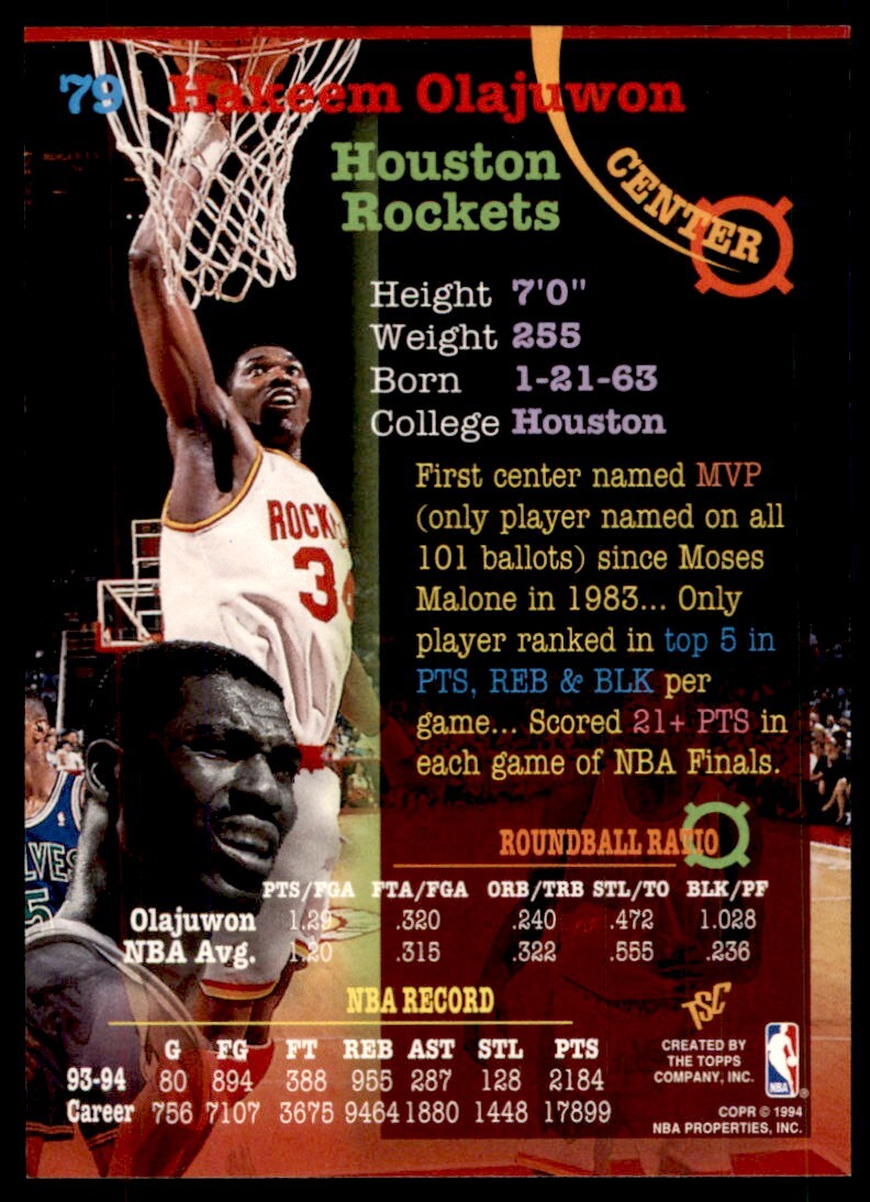 1994-95 Stadium Club Super Teams NBA Finals Hakeem Olajuwon Houston ...