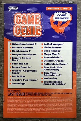 Game Genie Update Book Vol. 2 No. 2 NES Cheat Codes Vintage 1990's ...