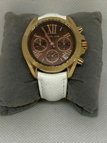 Michael Kors MK5944 Women's Watch Chronograph Brown Dial White Leather ...