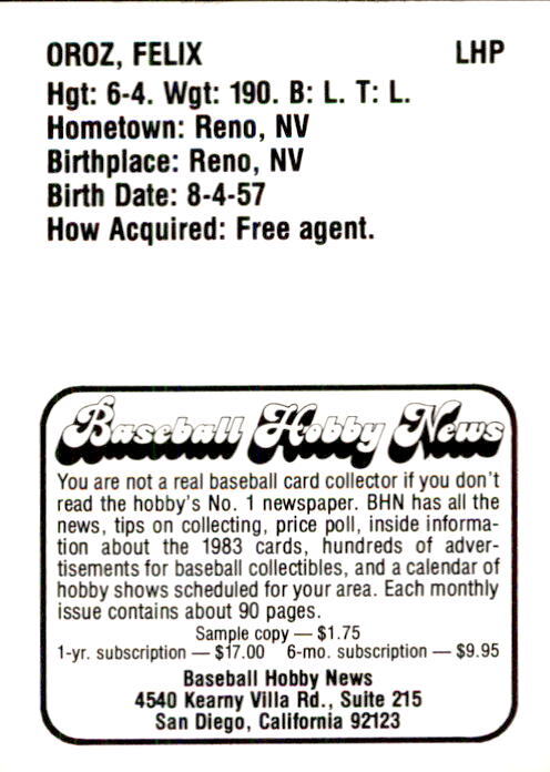 1983 Las Vegas Stars Baseball Hobby News #16 Felix Oroz Reno Nevada NV ...