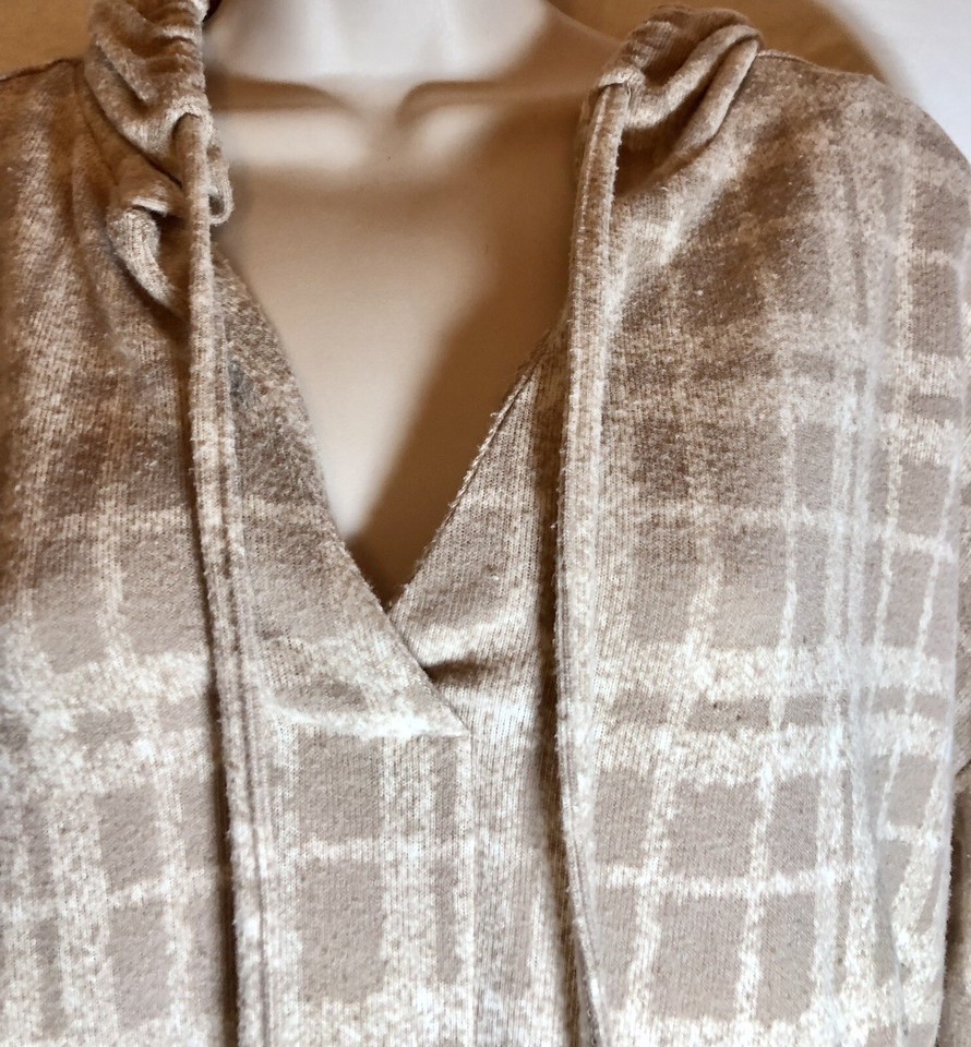 FRED DAVID SIZE M/L HOOEDED TOP BEIGE/WHITE PLAID PRINT LIGHTWEIGHT ...