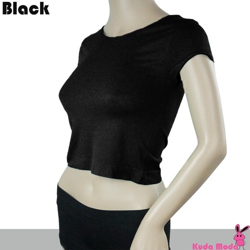 Sexy Basic Cropped Top Solid Plain Round Neck Short Sleeve Belly T ...